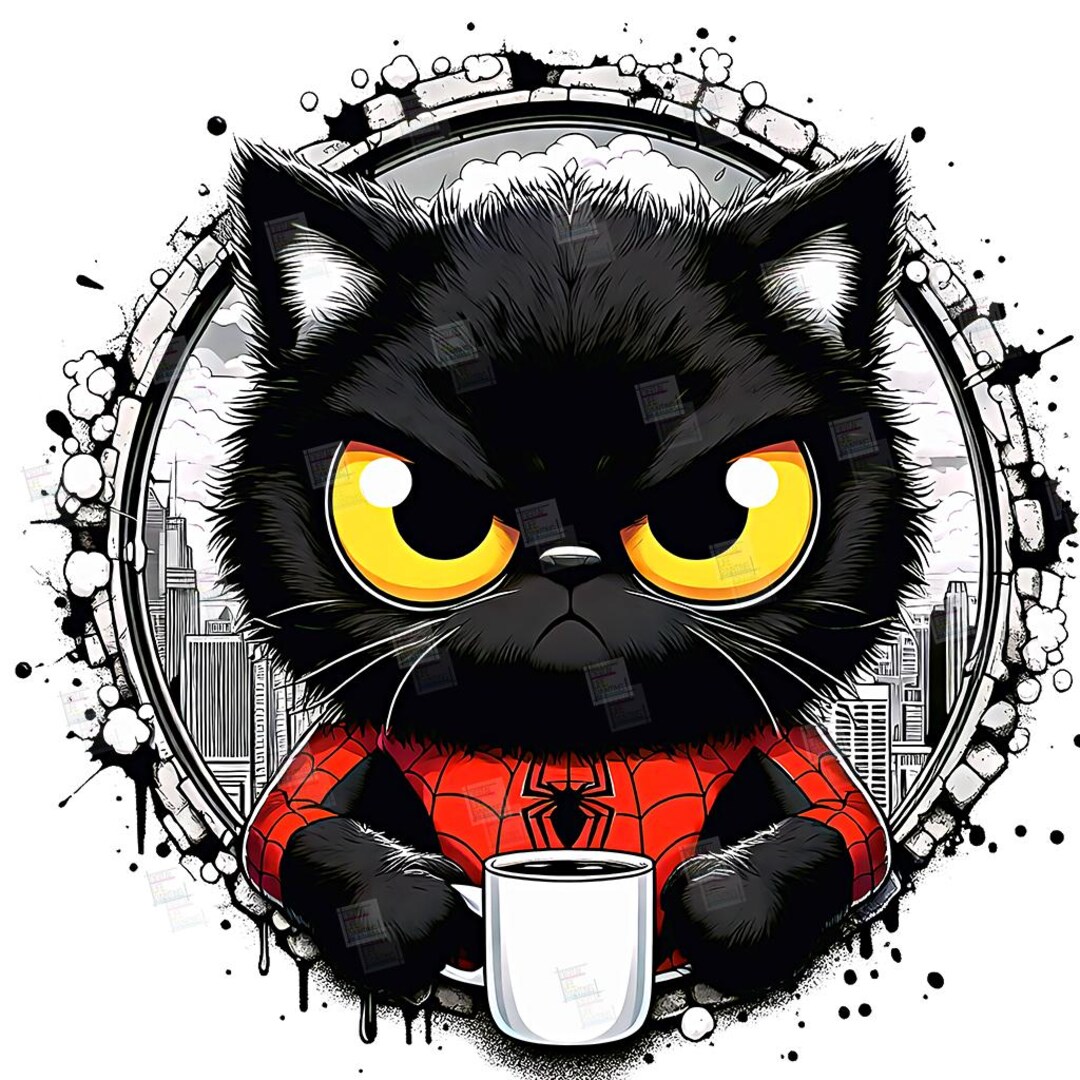 PNG Grumpy Black Cat but Spider Clipart Hero Feline Comic Book Kitty ...