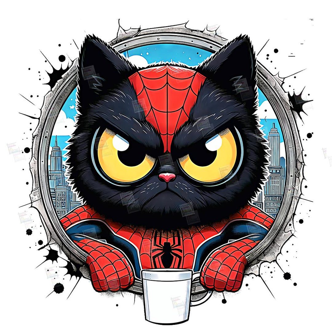 PNG Grumpy Black Cat but Spider Clipart Hero Feline Comic Book Kitty ...