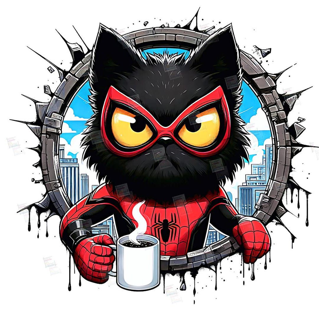 PNG Grumpy Black Cat but Spider Clipart Hero Feline Comic Book Kitty ...