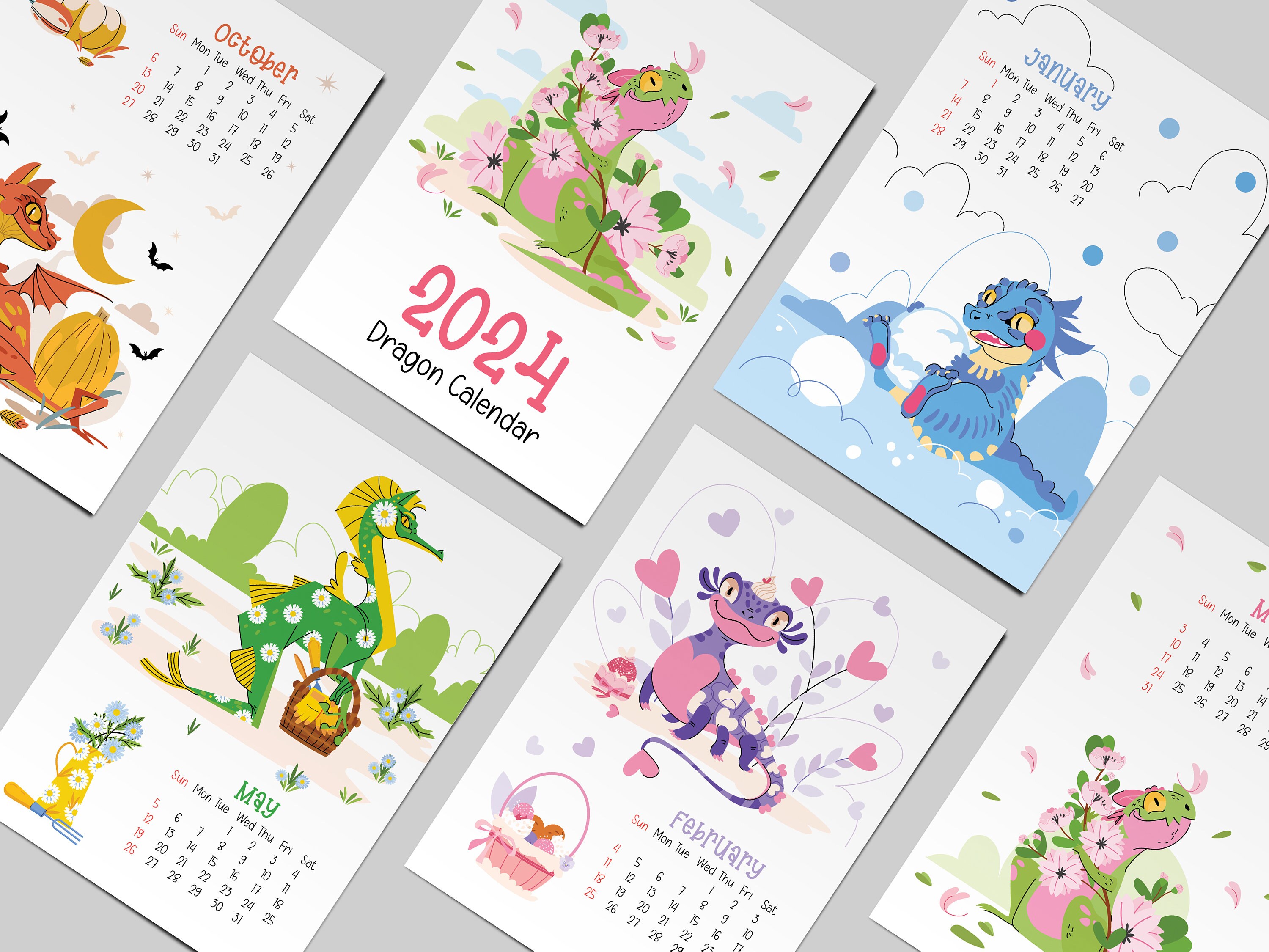Cute Dragon Calendar 2024 Printable, Monthly Calendar 2024, Portrait ...