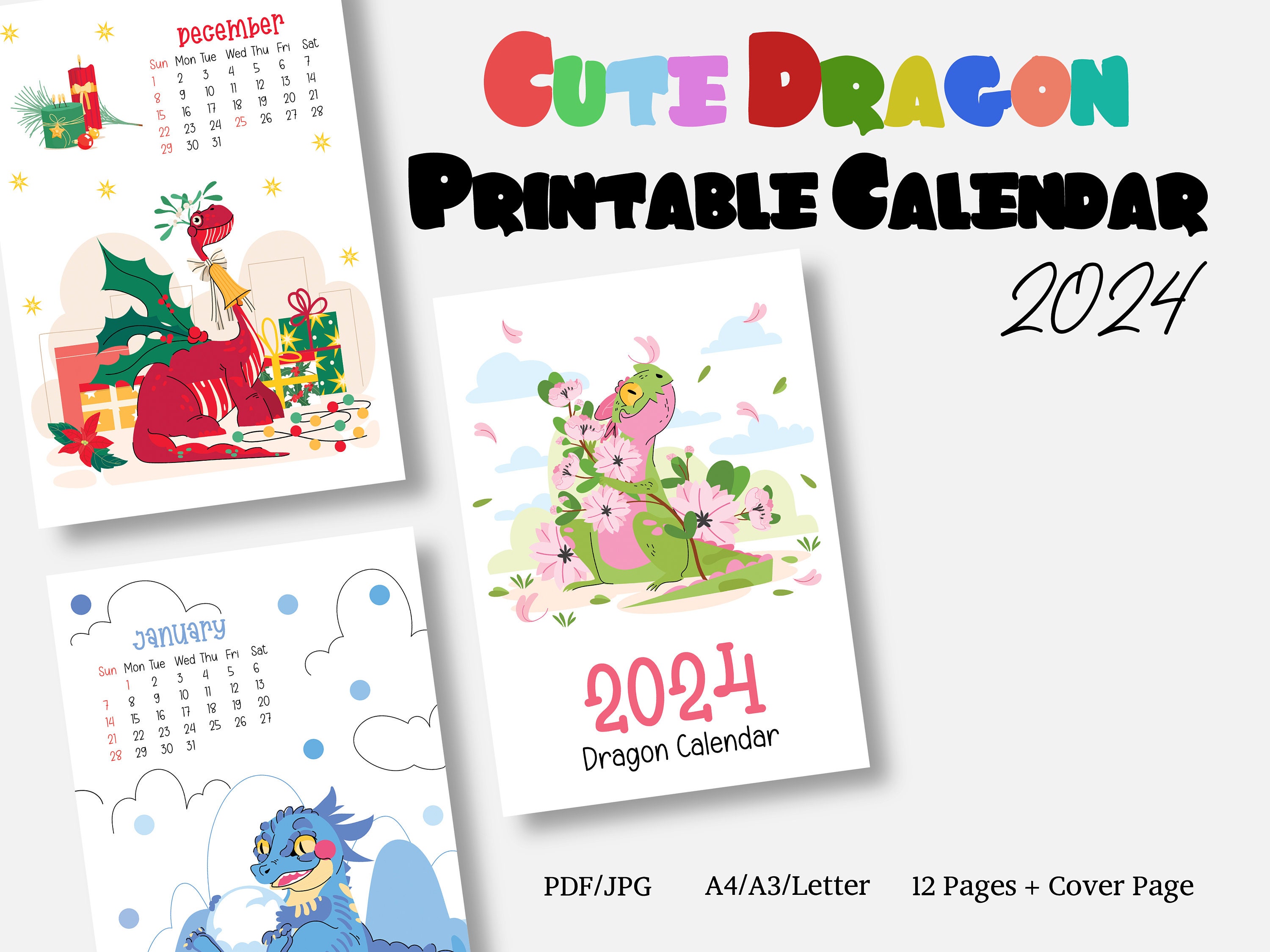 Cute Dragon Calendar 2024 Printable, Monthly Calendar 2024, Portrait ...