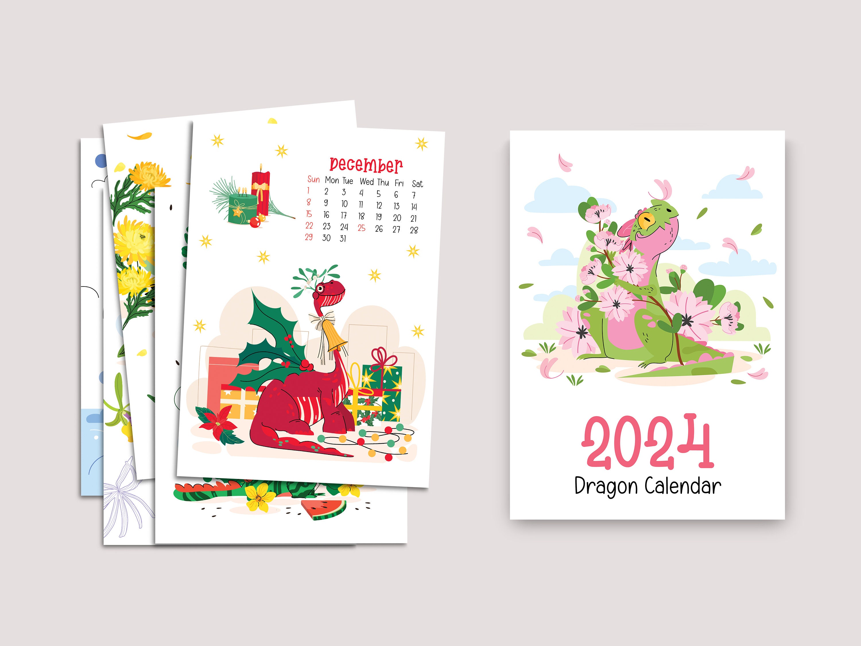 Cute Dragon Calendar 2024 Printable, Monthly Calendar 2024, Portrait ...