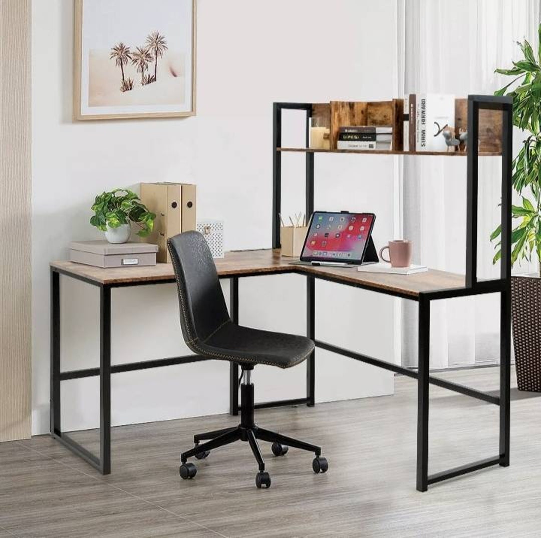 Industrial-style L Shaped Desk With Storage and Shelving - Etsy UK