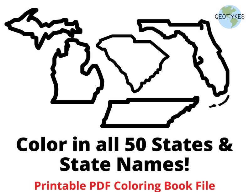 50 States Coloring Book INSTANT DOWNLOAD 50 Page Educational Coloring ...