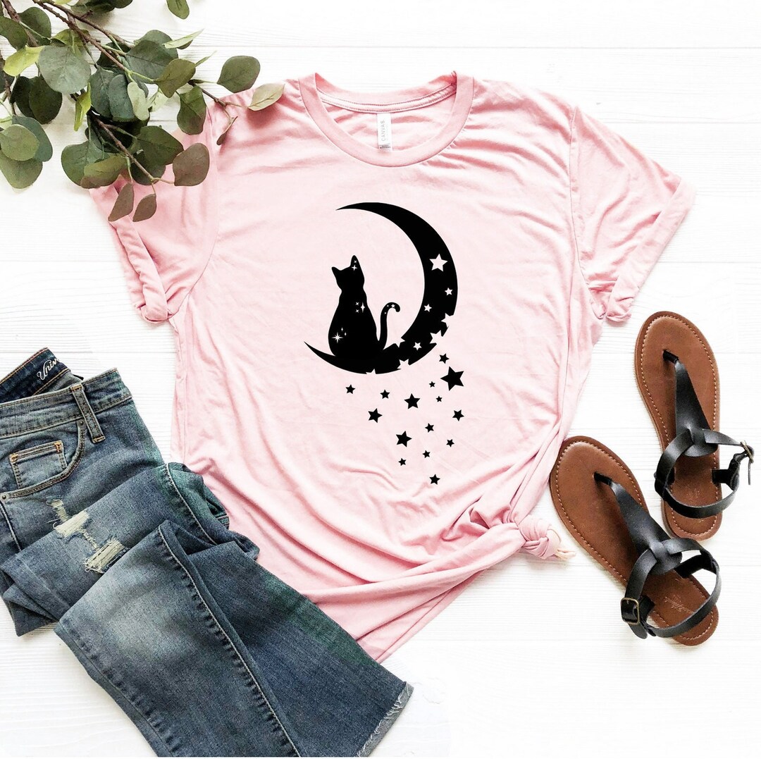 Cat in the Moon Shirt, Ornamental Cat T-shirt, Moon and Stars Shirt ...