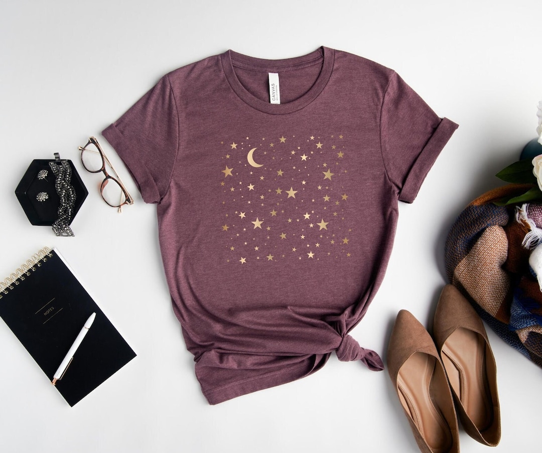 Gold Moon and Stars Shirt, Stars T-shirt, Mystical Stars and Moon T ...