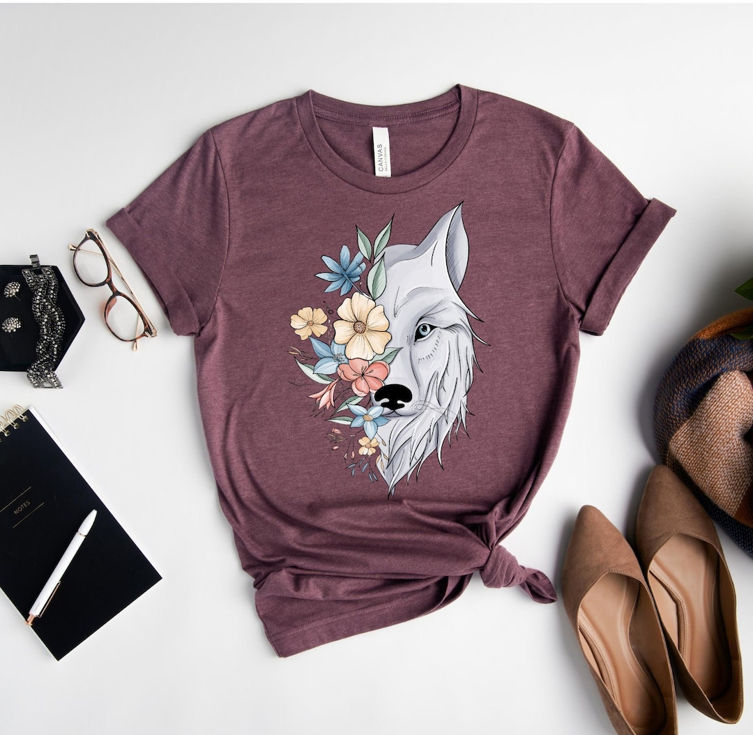 Floral White Wolf Shirt, Cute Wolf Shirt, Wolf Face T-shirt, Wolf Shirt Women, Wolf Lover Shirt ...