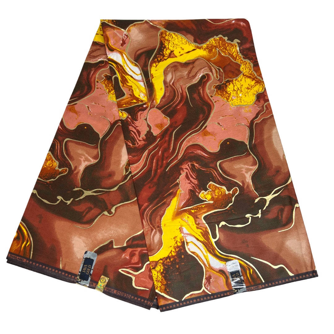 African Fabric 100% Cotton Ankara Liquid Marble Print Brown Yellow Gold ...