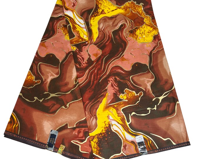 African Fabric 100% Cotton Ankara Liquid Marble Print Brown Yellow Gold ...