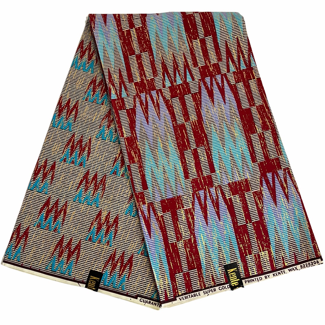 African Fabric Print Kente Gold Embellished 100% Cotton 6 Yards Red ...