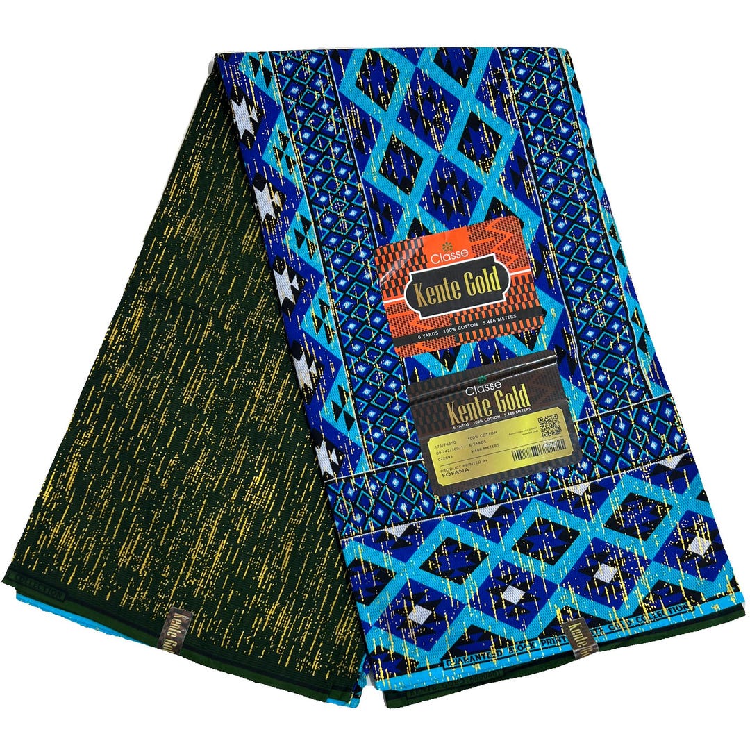 African Fabric Print Kente Gold Embellished 100% Cotton 6 Yards Green ...