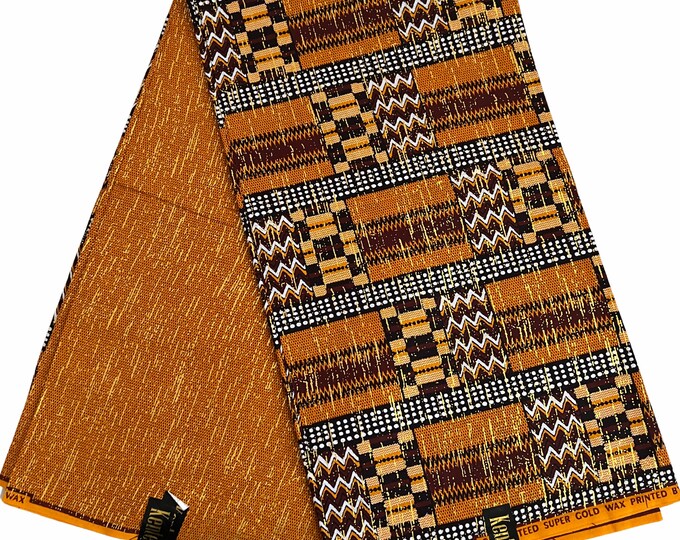 African Fabric Print Kente Gold Embellished 100% Cotton 6 Yards Brown ...
