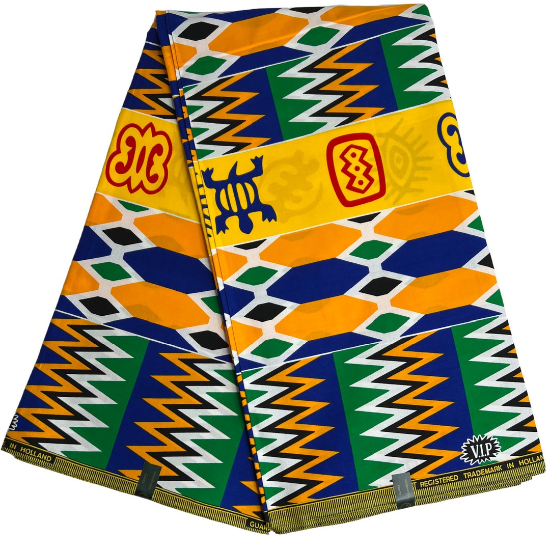 African Fabric Kente Adinkra Print 100% Cotton Ankara 6 Yards Yellow ...