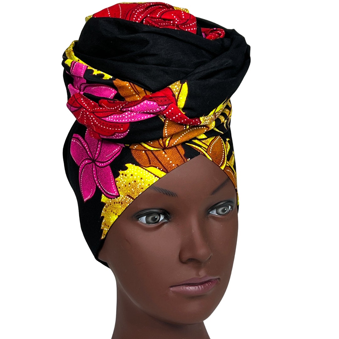 African Print Head Wrap – Black Floral Cotton Head Scarf 21x71, Ankara ...