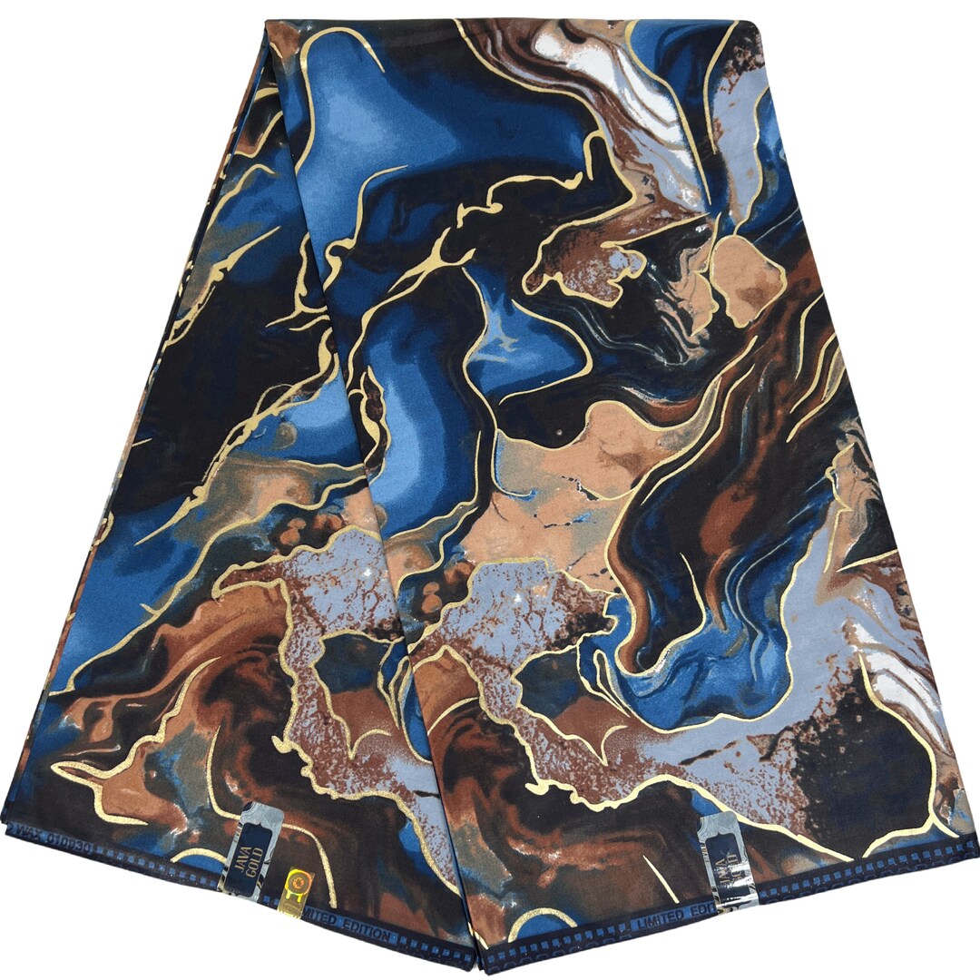 African Fabric 100% Cotton Ankara Liquid Marble Print Blue Brown Gold ...