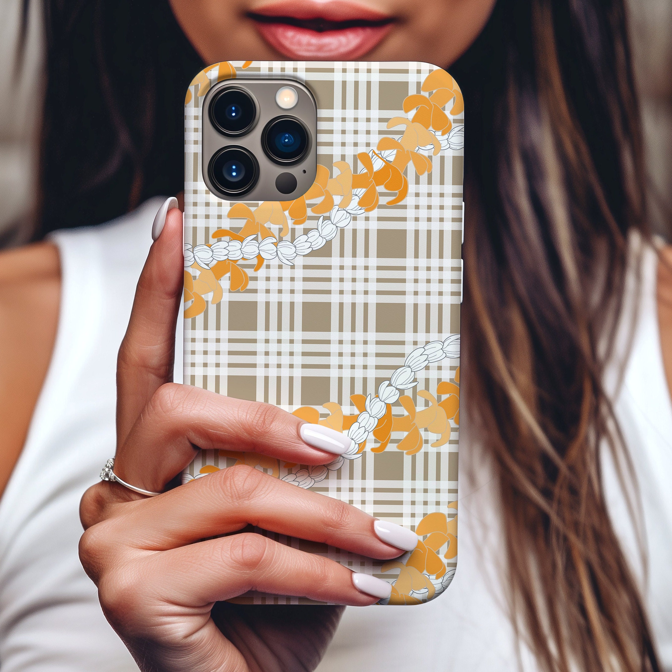 Puakenikeni Lei and Pikake Lei on Taupe Palaka Print Phone Case ...