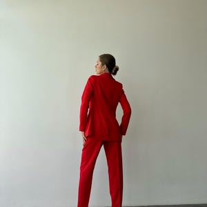 Red Office Women 3-piece Suit With Slim Fit Pants, Buttoned Vest and ...
