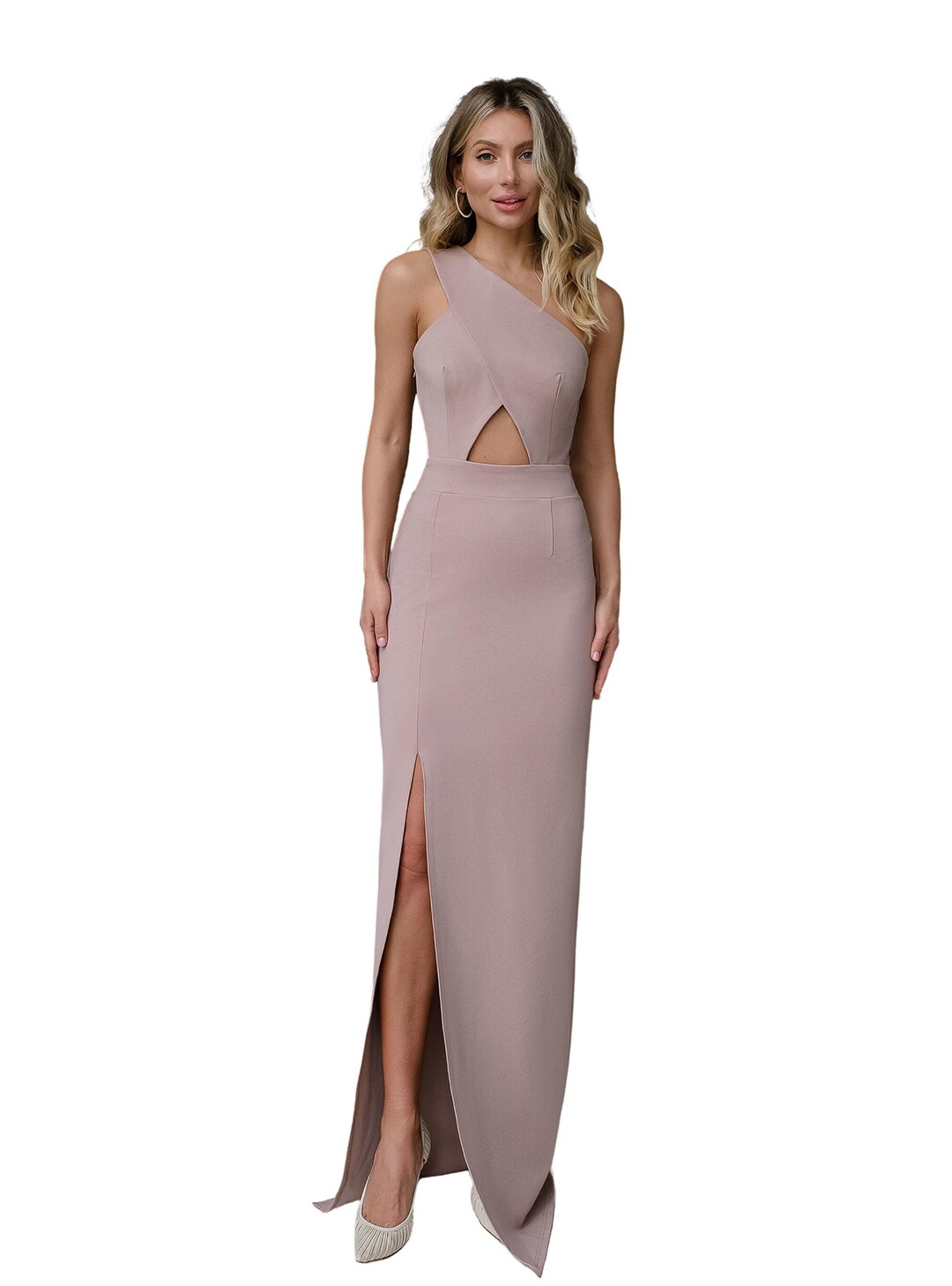 Beige One Shoulder Maxi Dress, Maxi Dress With High Side Slit and Waist ...