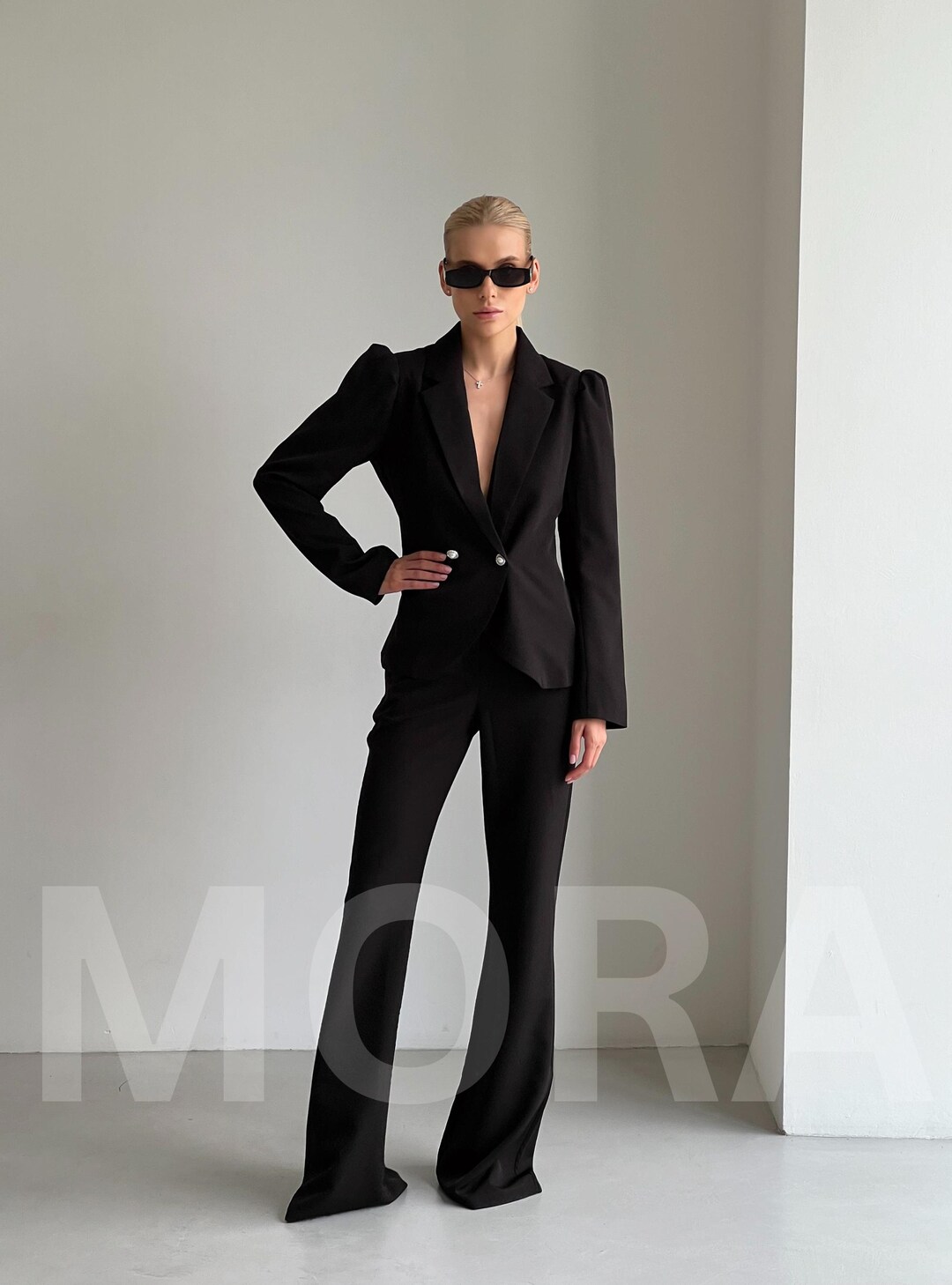 Black Flared Pants With Puffed Blazer Set for Office Women Tall, Black ...