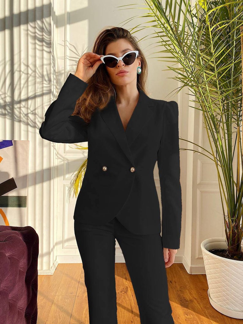 Black Bell Bottom Pants Suit Set With Blazer Puffed Sleeve | Etsy