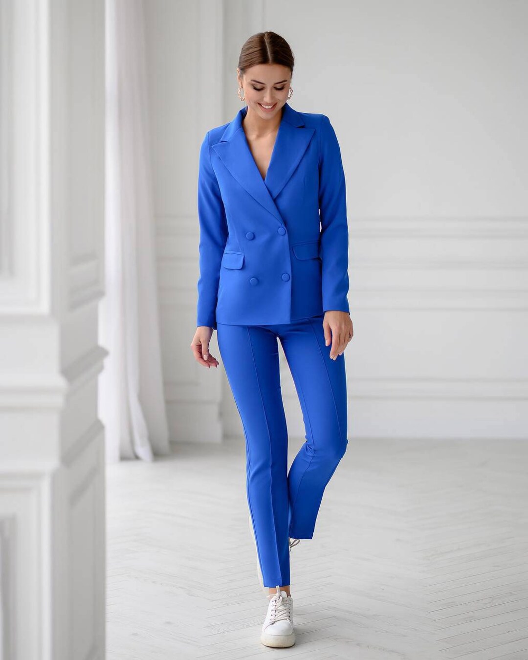 Blauw 2-delig blazer-broekpak voor dames, blauw broekpak dames, broek ...