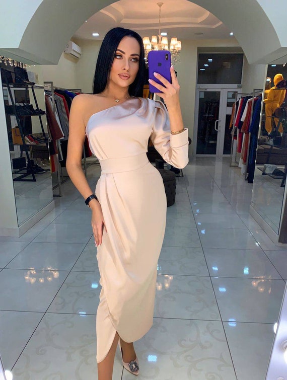 Satin One Shoulder Dress Midi Satin Dress Special Occasions | Etsy