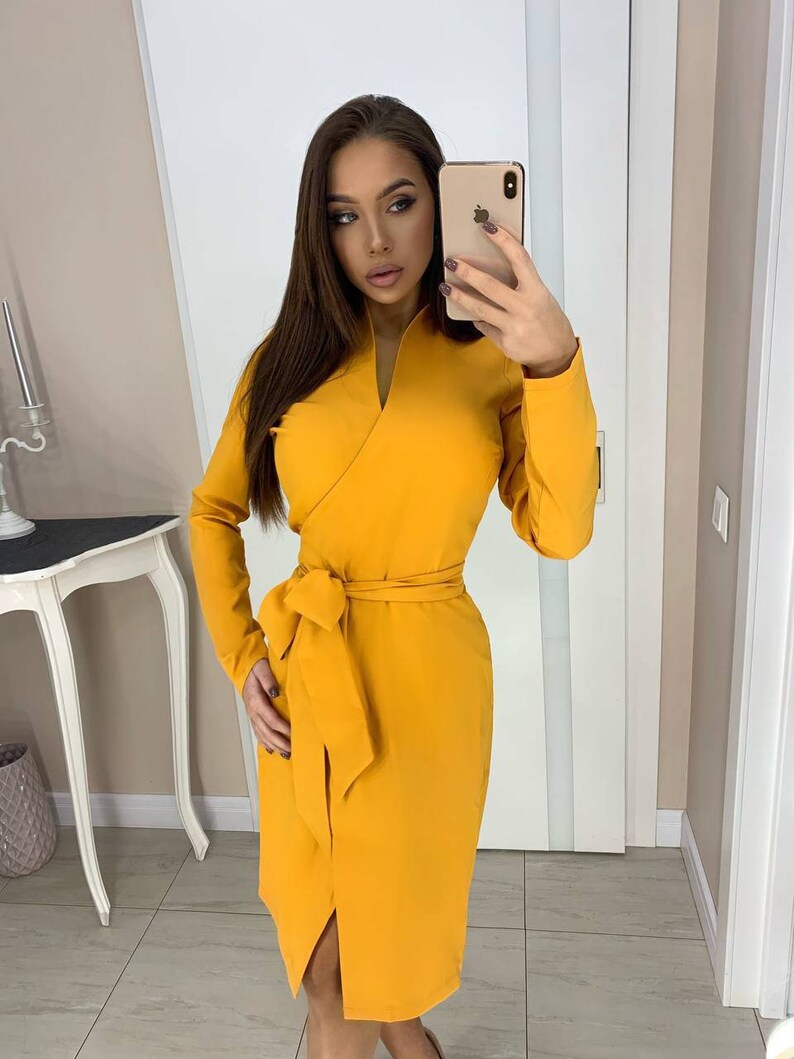 Wrap Midi Dress Yellow Wrap Dress for Women V-neck Dress - Etsy