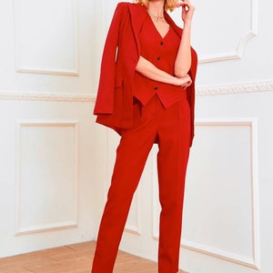 Red Office Women 3-piece Suit With Slim Fit Pants, Buttoned Vest and ...