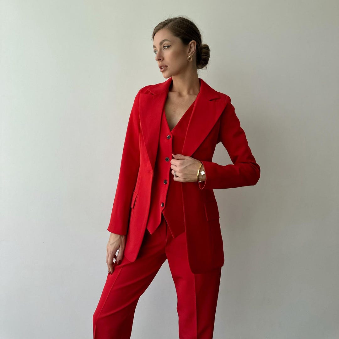 Red Office Women 3-piece Suit With Slim Fit Pants, Buttoned Vest and ...