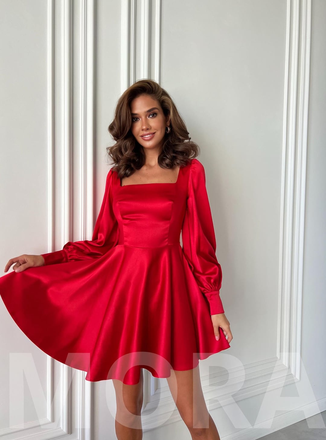Red Silk Satin Dress With Bishop Sleeves, Mini Satin Silk Dress for ...