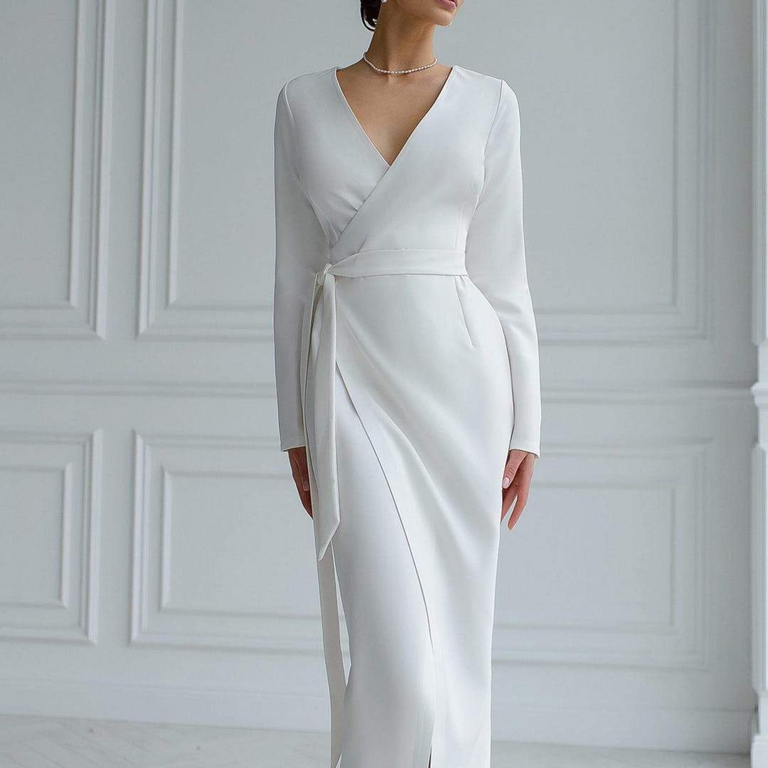 Maxi Wrap Modest Dress Long Sleeves for Engagement, Vow Renewal - Etsy