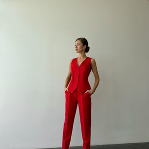 Red Office Women 3-piece Suit With Slim Fit Pants, Buttoned Vest and ...