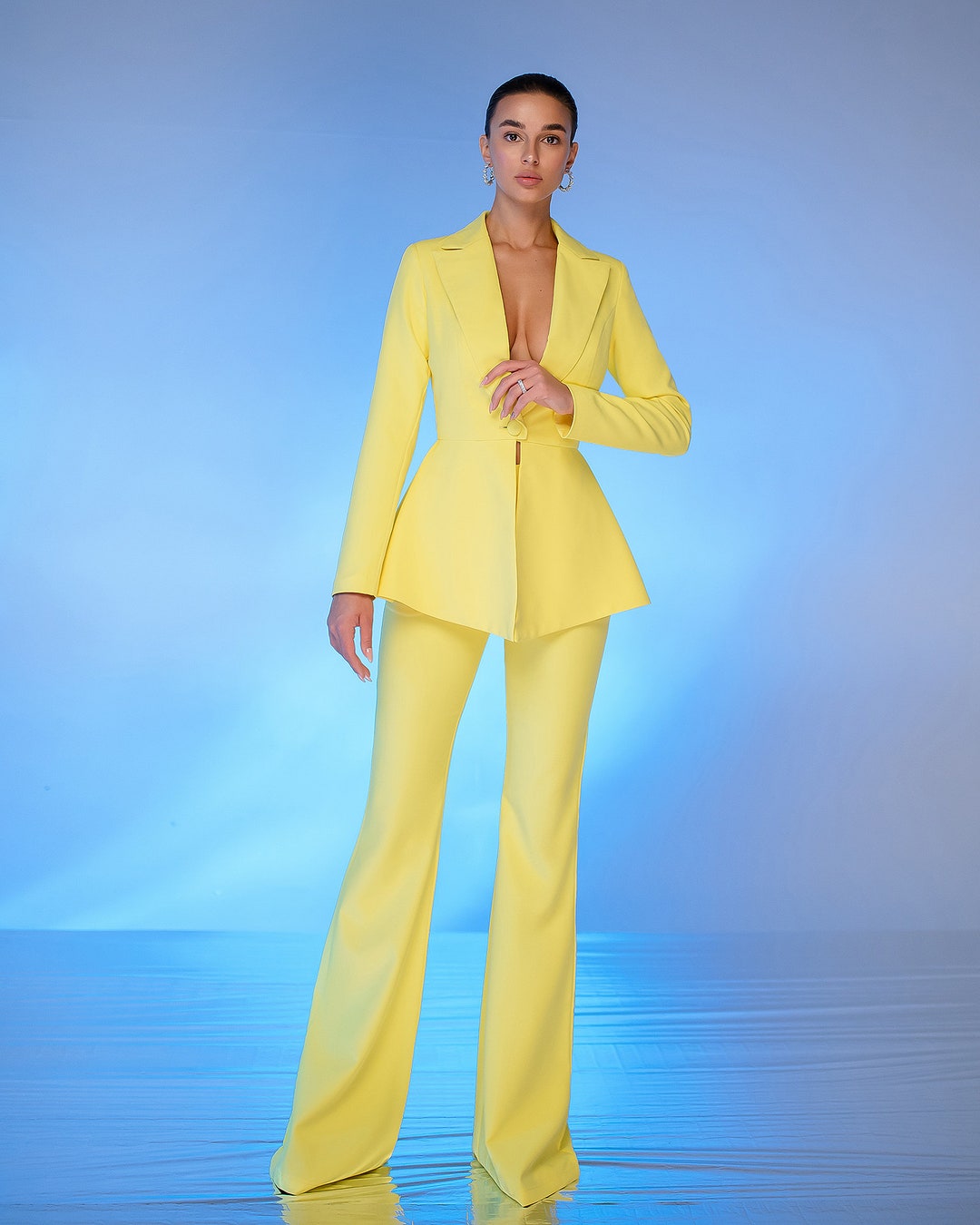 Bright Yellow Pantsuit With Peplum Blazer for Women, Tall Women ...