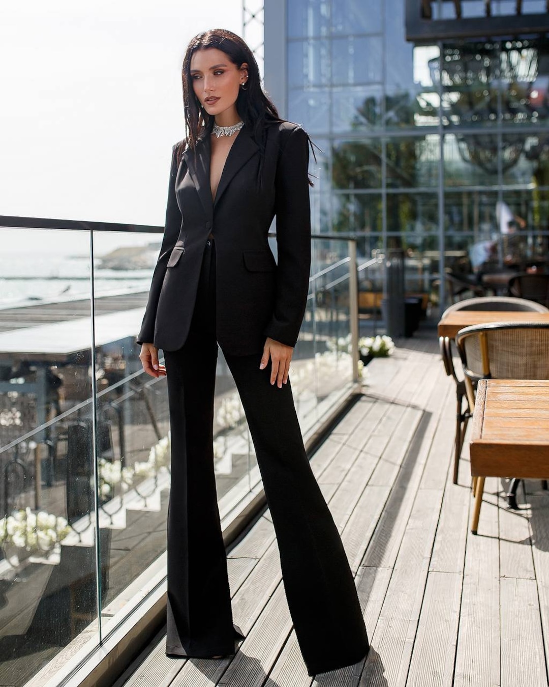 Formal Black Pantsuit for Women Flared Pants Suit With Fitted - Etsy