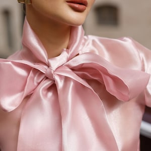 Light Pink Organza Sheer Blouse Polka Dot, Pink Chic Blouse With Bow ...