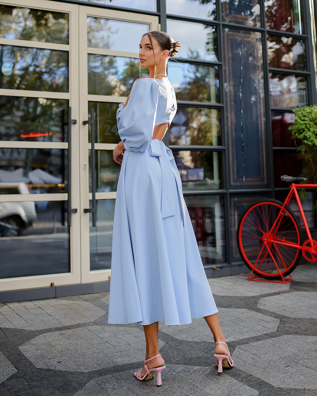 Baby Blue Midi Dress With Open Back and Voluminous Sleeves, Light Blue ...