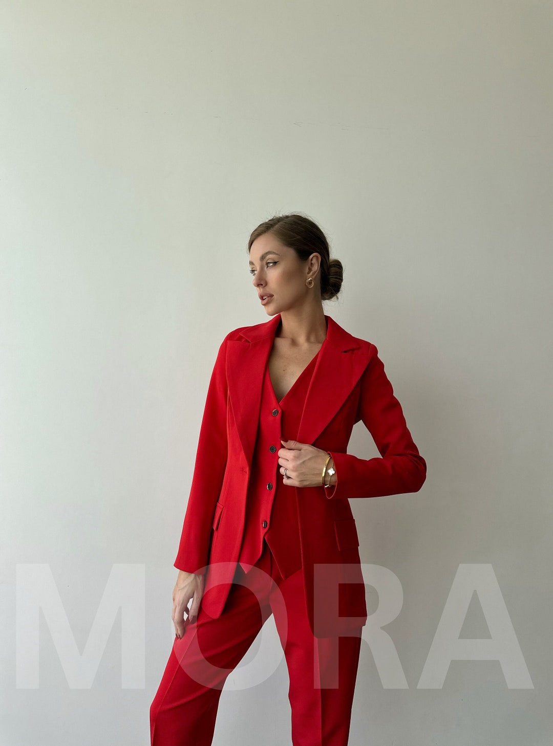 Red Office Women 3-piece Suit With Slim Fit Pants, Buttoned Vest and ...