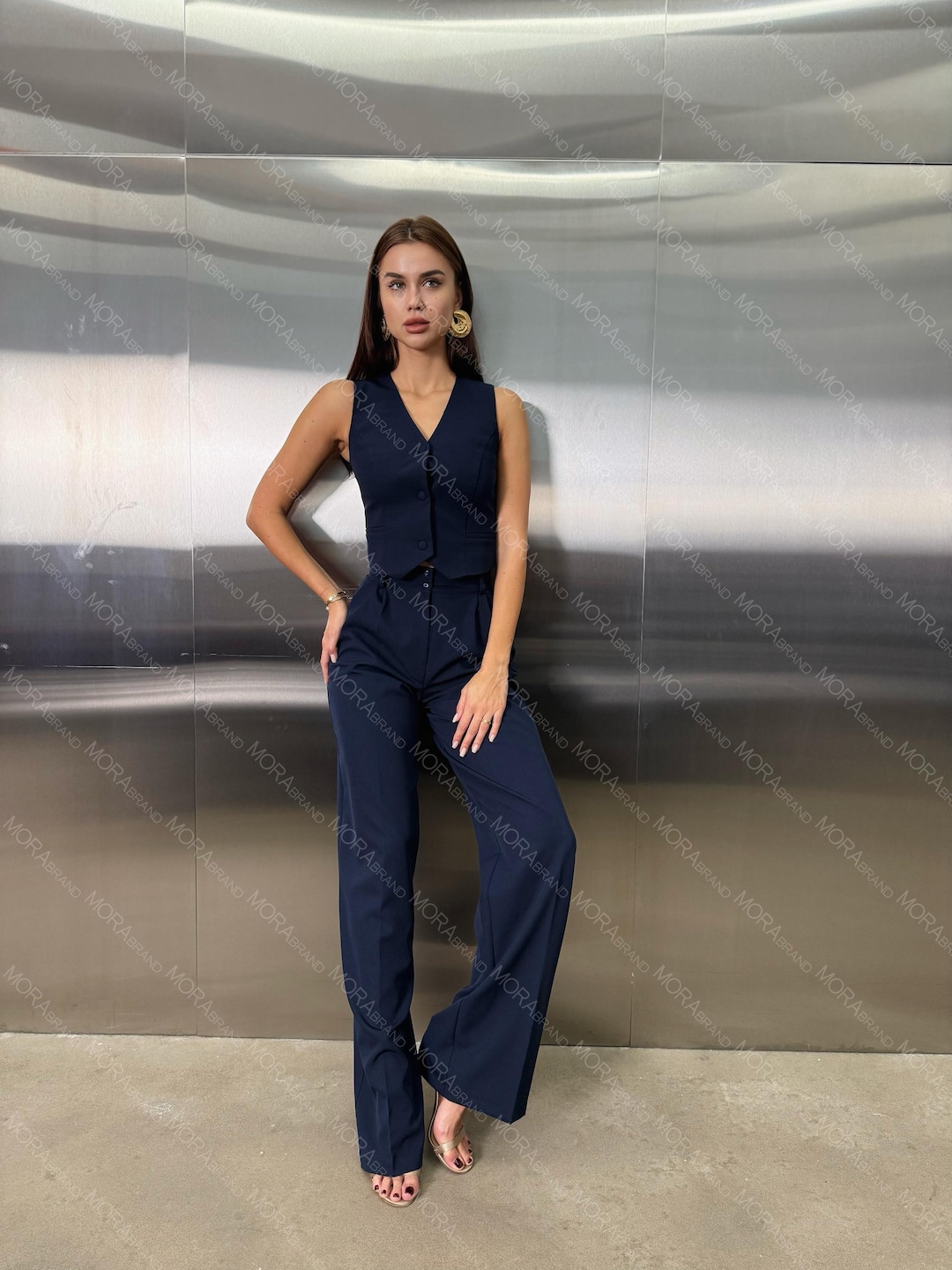 Navy Blue High Waist Palazzo Pants for TALL Women, Dark Blue Wide Leg ...