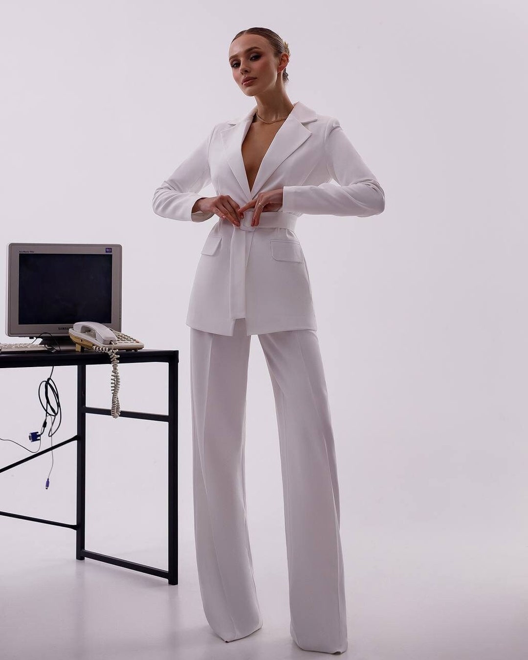 White Suit Set for Women, White Wide Leg Pants High Rise, Belted Blazer ...