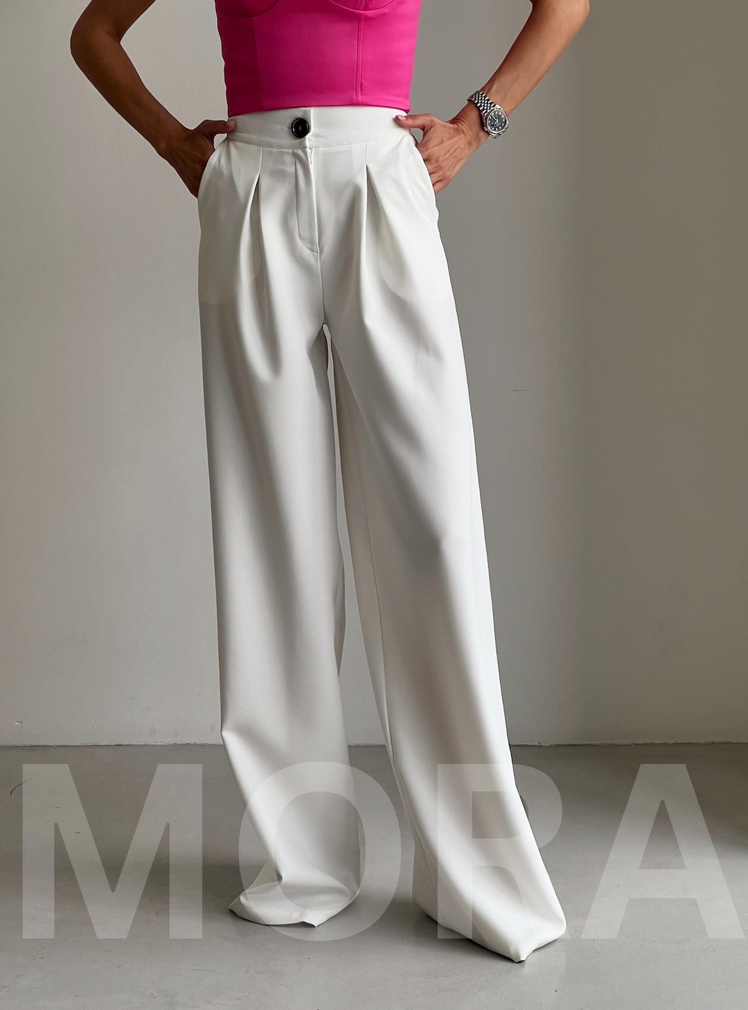 White High Waist Trousers, Wide Leg Pants, Wide Leg Pants, White ...