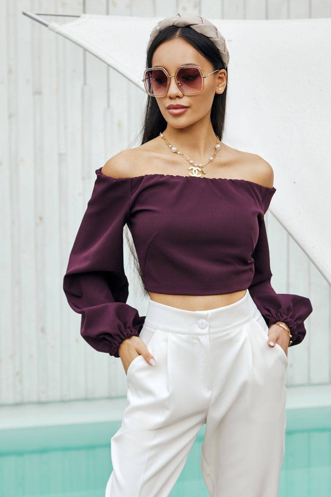 Off-the-shoulder Crop Top With Long Sleeves off Shoulder - Etsy