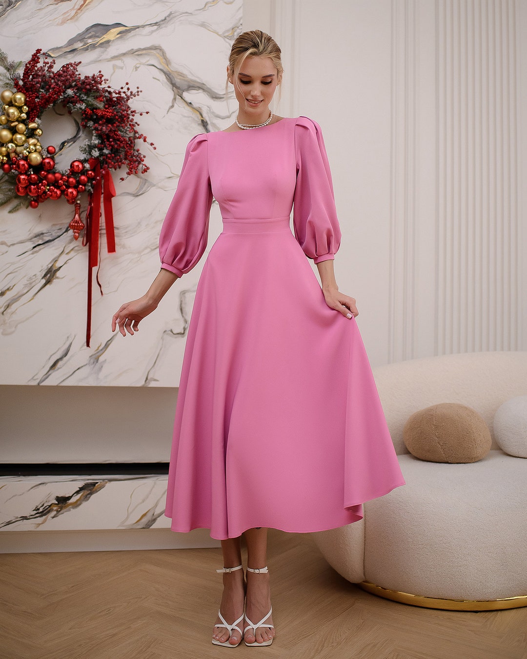 Pink Midi Dress With Open Back and Voluminous Sleeves, Light Pink Long ...