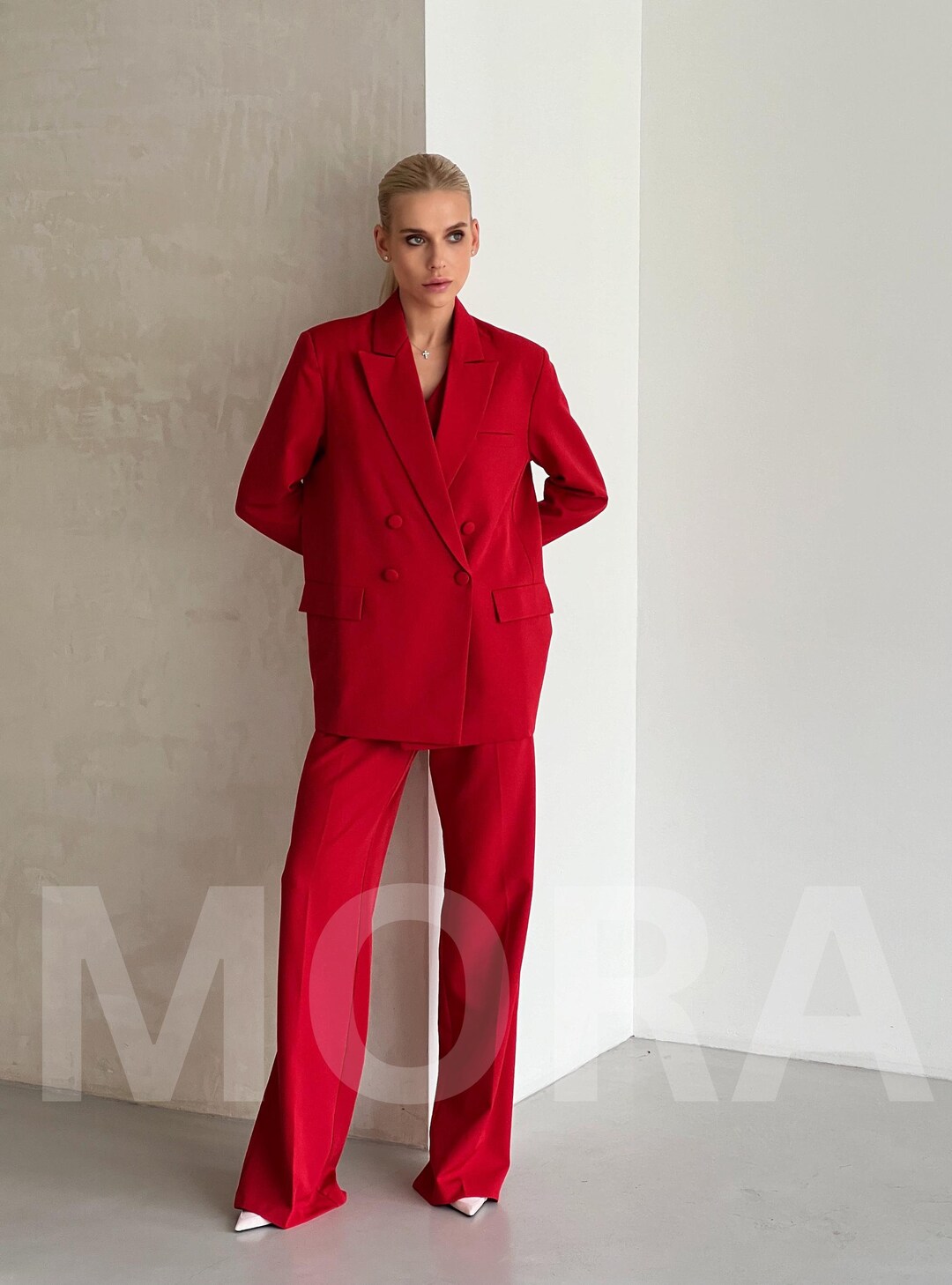 Classic Red Womens Suit, Office Women 3 Piece Suit With Slim Fit Pants ...