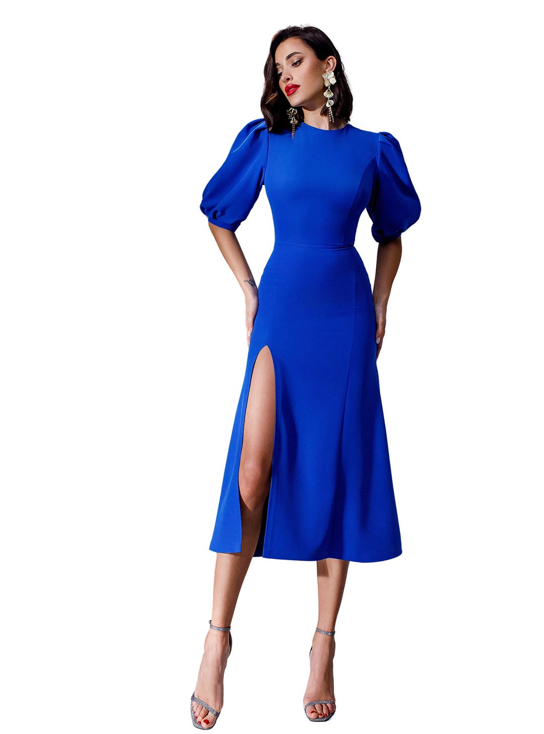 Royal Blue Cocktail Midi Dress, Classy Modest Midi Summer Dress, Blue ...