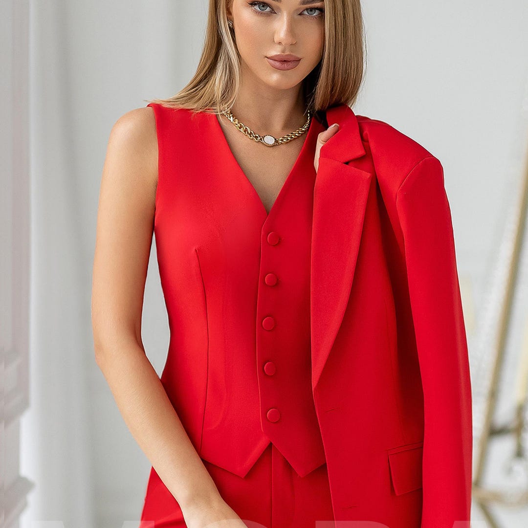 Red Pantsuit: Women's Blazer & Vest Suit - Straight Leg, High Rise - Etsy