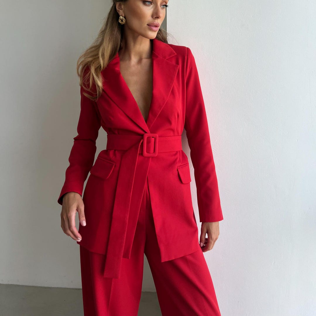 Red Blazer Pantsuit, Tall Women's Formal Co-ords, Belted Business Suit ...