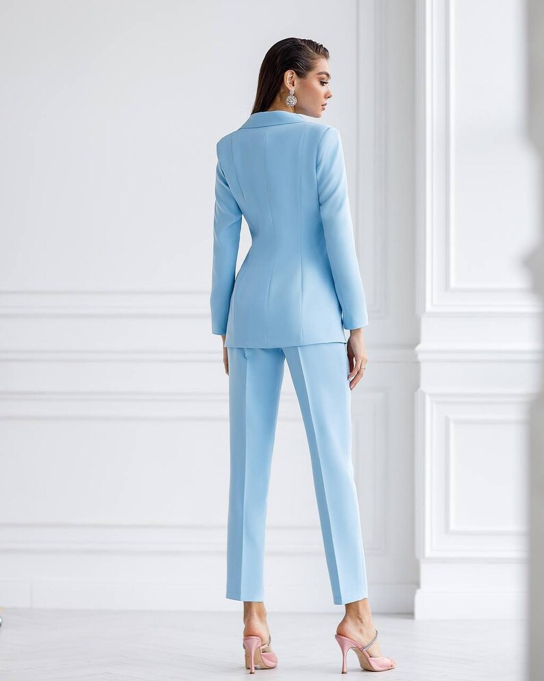 Light Blue Womens Blazer Suit 3 Piece Womens Pantsuit Set Etsy