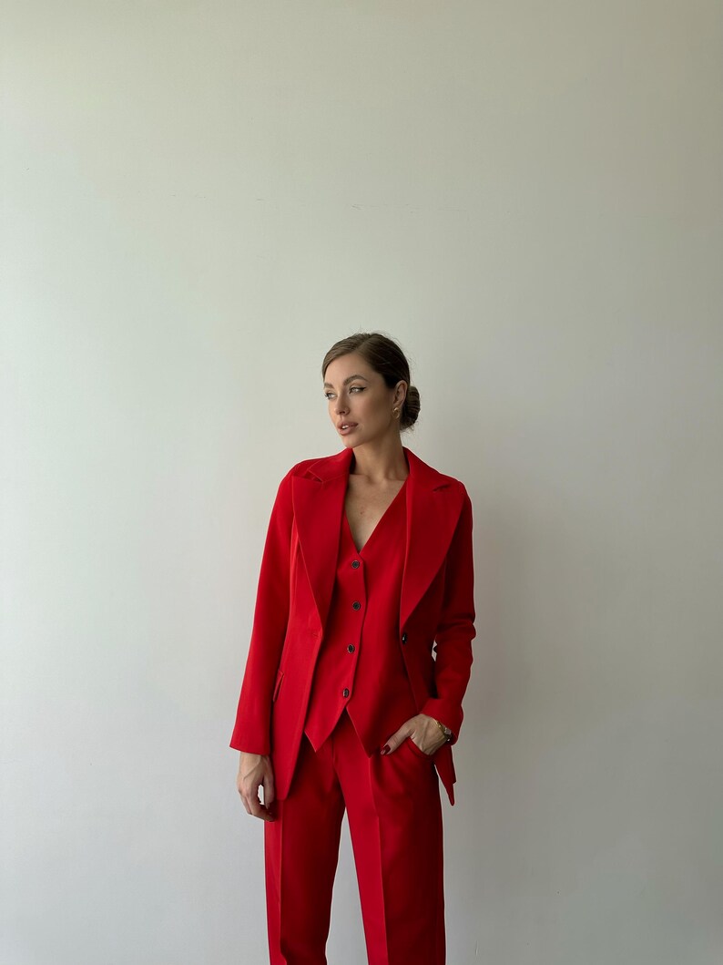 Red Office Women 3-piece Suit With Slim Fit Pants, Buttoned Vest and ...