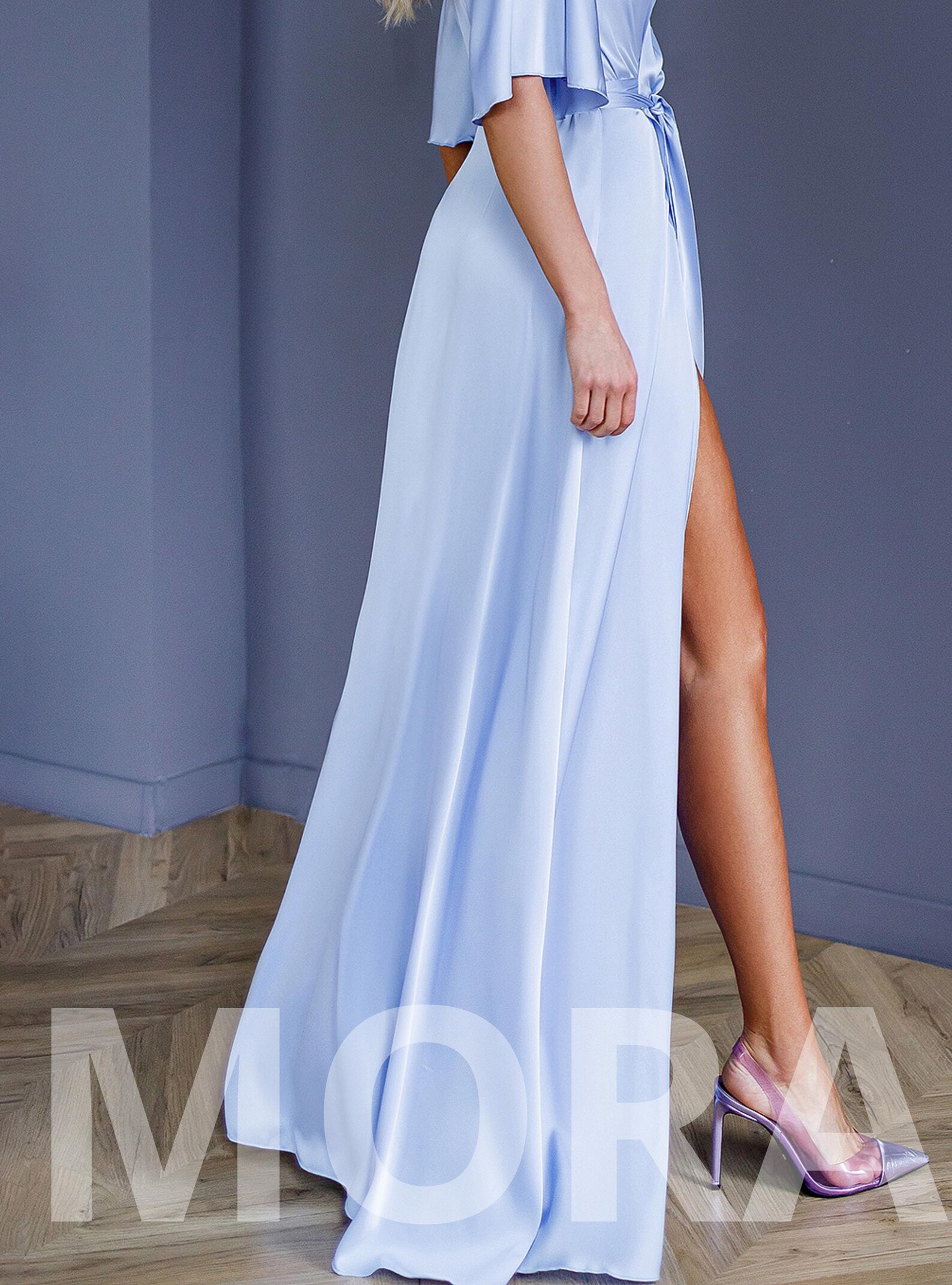Light Blue Silk Wrap Maxi Dress With Short Sleeves, Sky Blue Silk Maxi ...