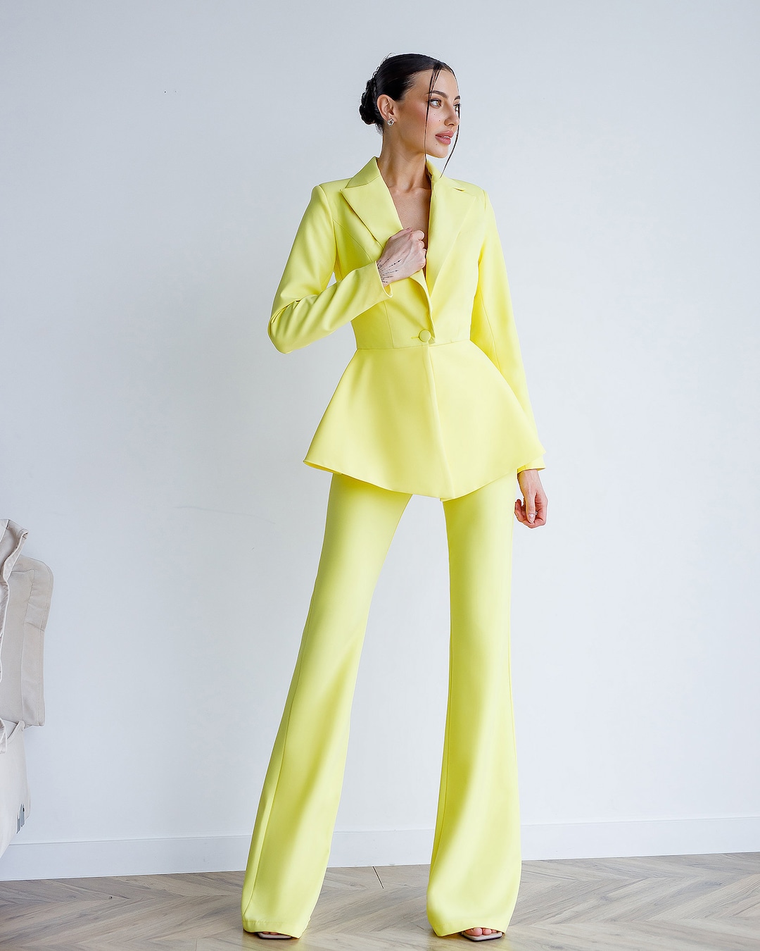 Lemon Yellow Pantsuit With Peplum Blazer for Women - Etsy